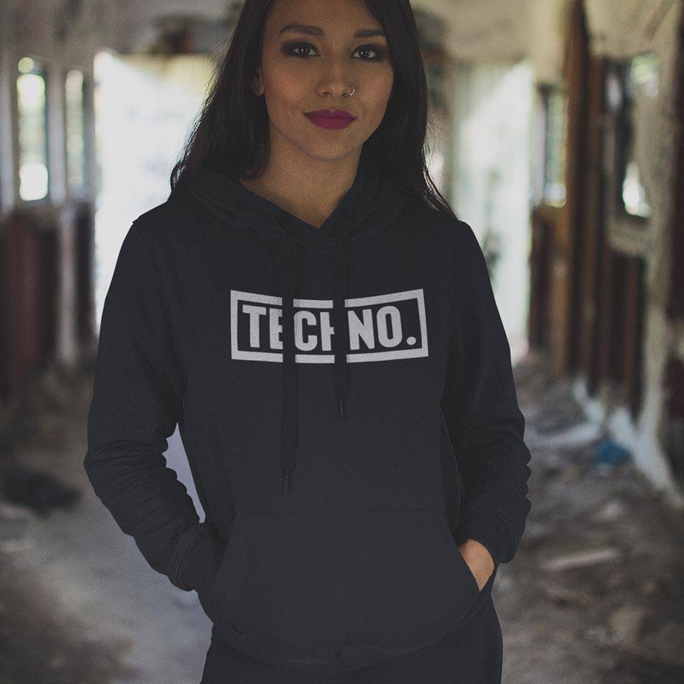 Schwarzer Techno Hoodie für Männer und Frauen – Technostoff